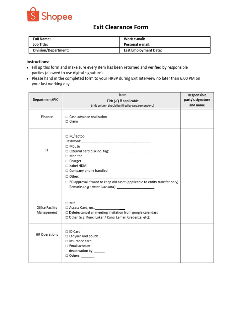Exit Clearance Form Instructions | PDF | Computing | Finance & Money ...