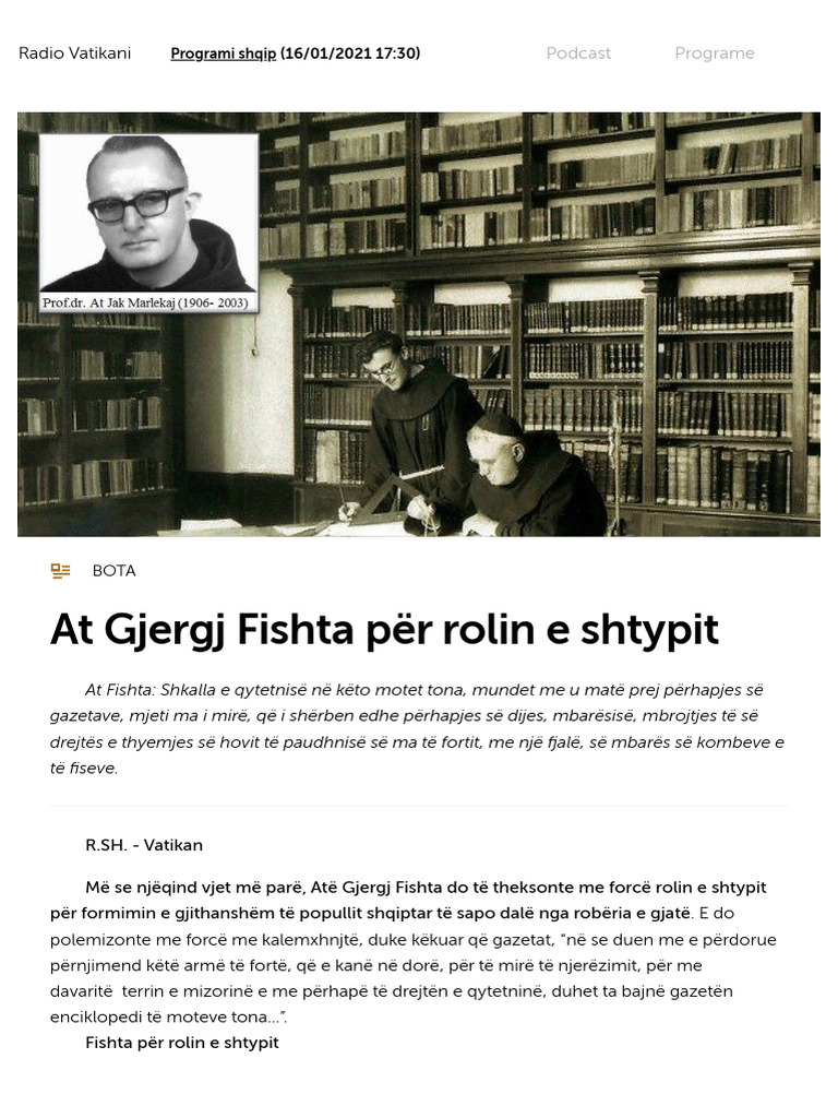 At Gjergj Fishta Për Rolin e Shtypit - Vatican News | PDF