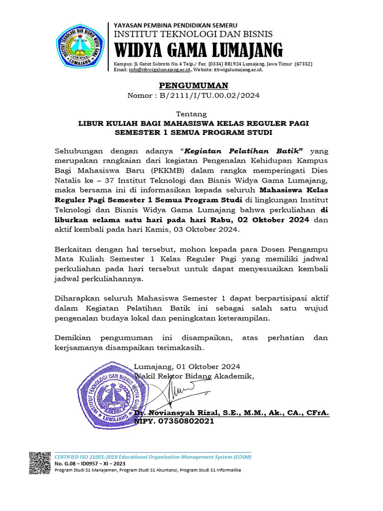 Pengumuman Libur Kuliah Bagi Mahasiswa Semester 1 Kelas Reguler Pagi | PDF