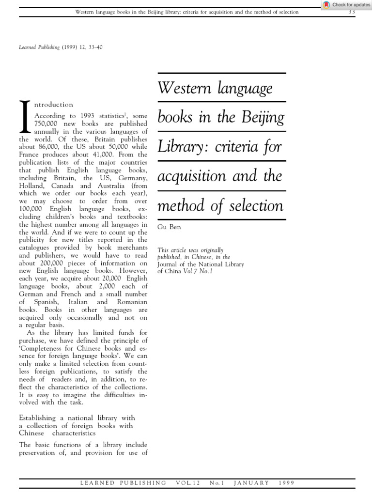 Learned Publishing - 1999 - Ben - Western Language Books in The Beijing ...