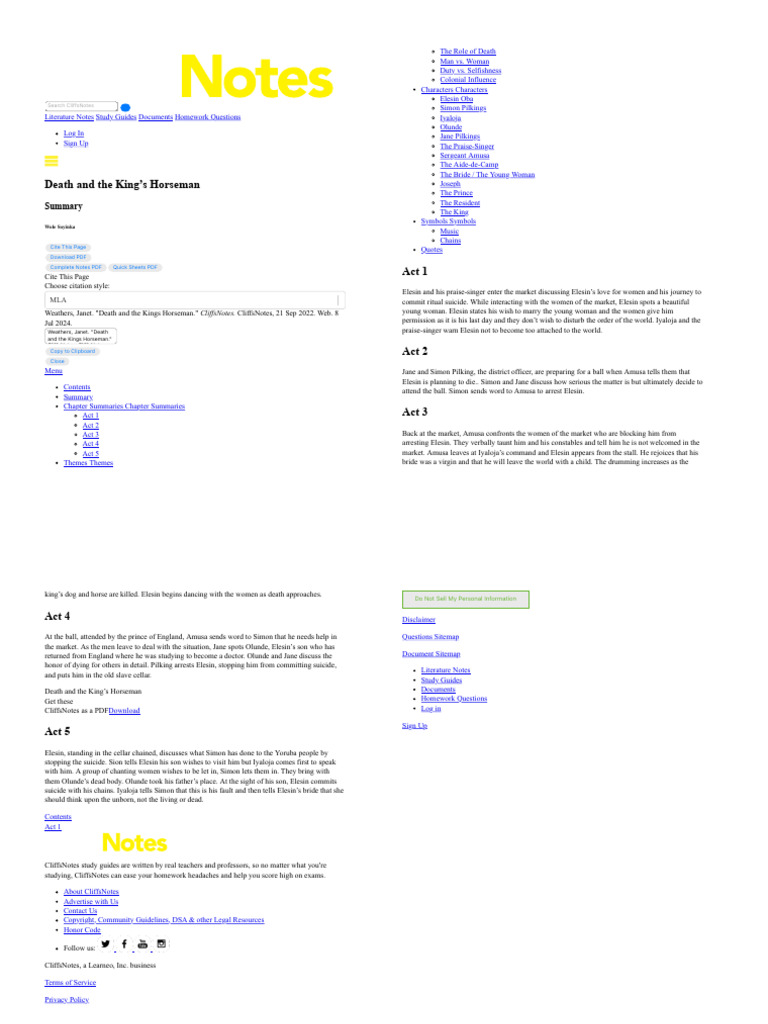 Death and The King's Horseman - Summary - CliffsNotes | PDF