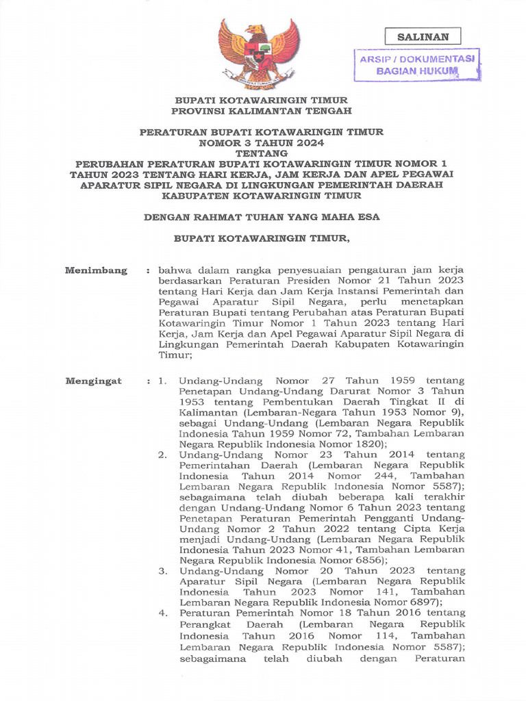 Perbup No 3 Tahun 2024 - Perubahan Atas Perbup 1 Tahun 2023 Tentang Hari Kerja, Jam Kerja Dan ...