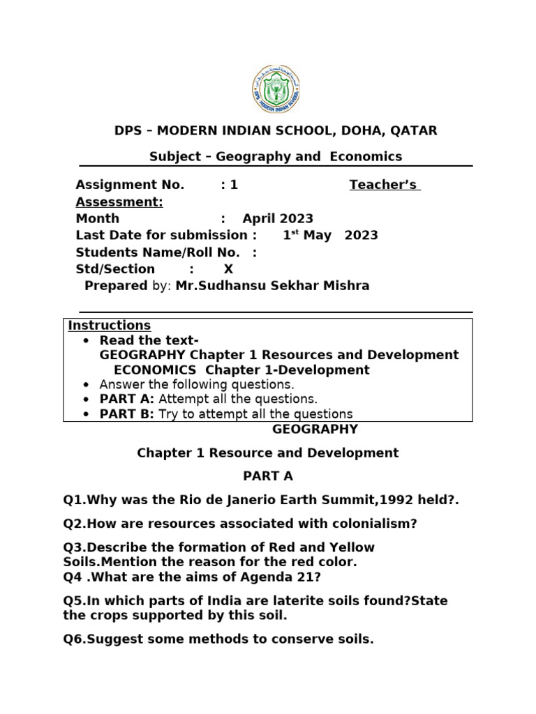 Class 10 Geo and Eco Assignment April 2023 | PDF