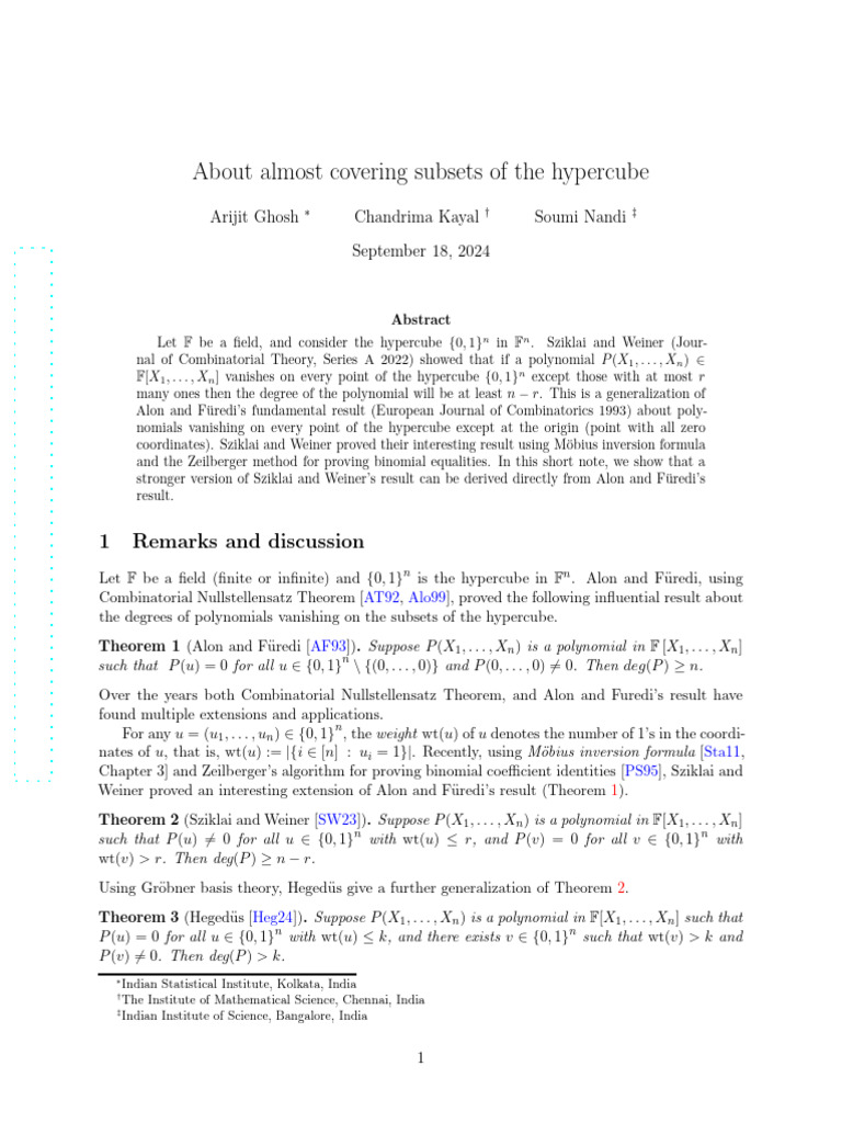 About Almost Covering Subsets of The Hypercube | PDF | Combinatorics | Field (Mathematics)