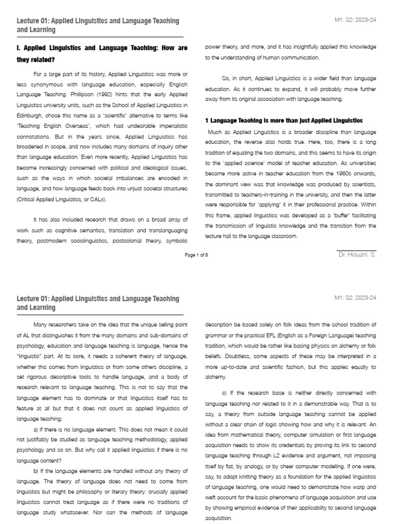 Lecture 01: Applied Linguistics and Language Teaching and Learning | PDF