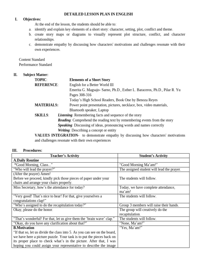 Lesson Plan: Elements of Short Stories | PDF | Plot (Narrative)