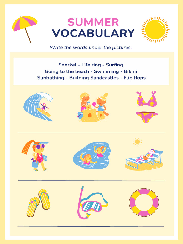 Summer Vocabulary Worksheet Yellow in Cute Style | PDF
