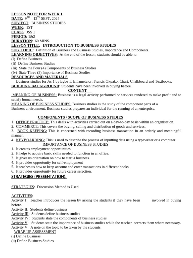 Week 1 Introduction To Business Studies 1,2 & 3 | PDF