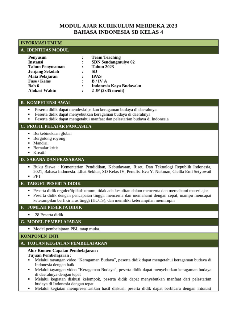 Modul Ajar Kelas IV (Praktik Mengajar 6) - IPAS | PDF