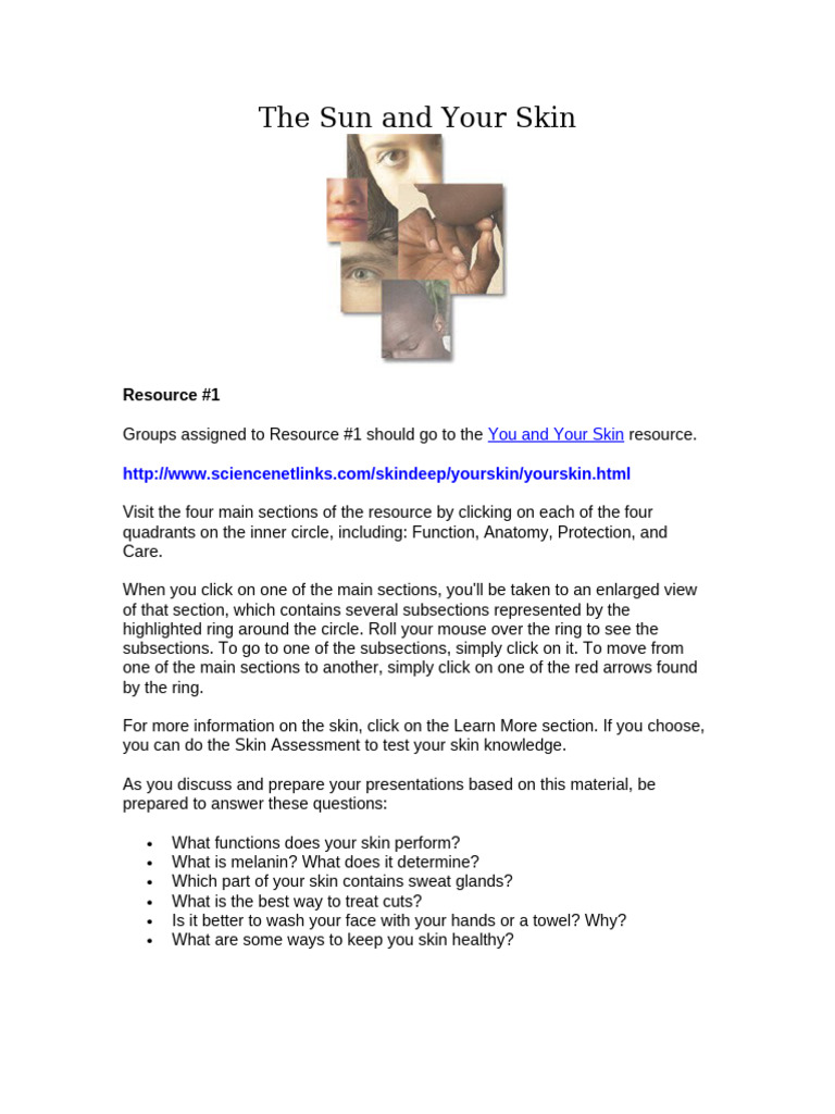 The Sun and Your Skin Webquest | PDF