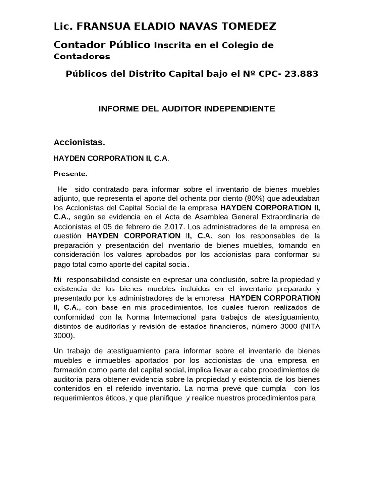 Atestiguamiento Inventario Hayden Corporation II.c.A | PDF