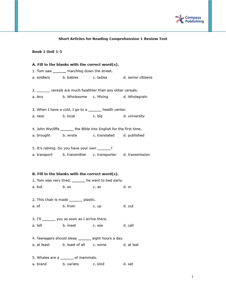 Short Articles For Reading Comprehension 1 Review Test | PDF