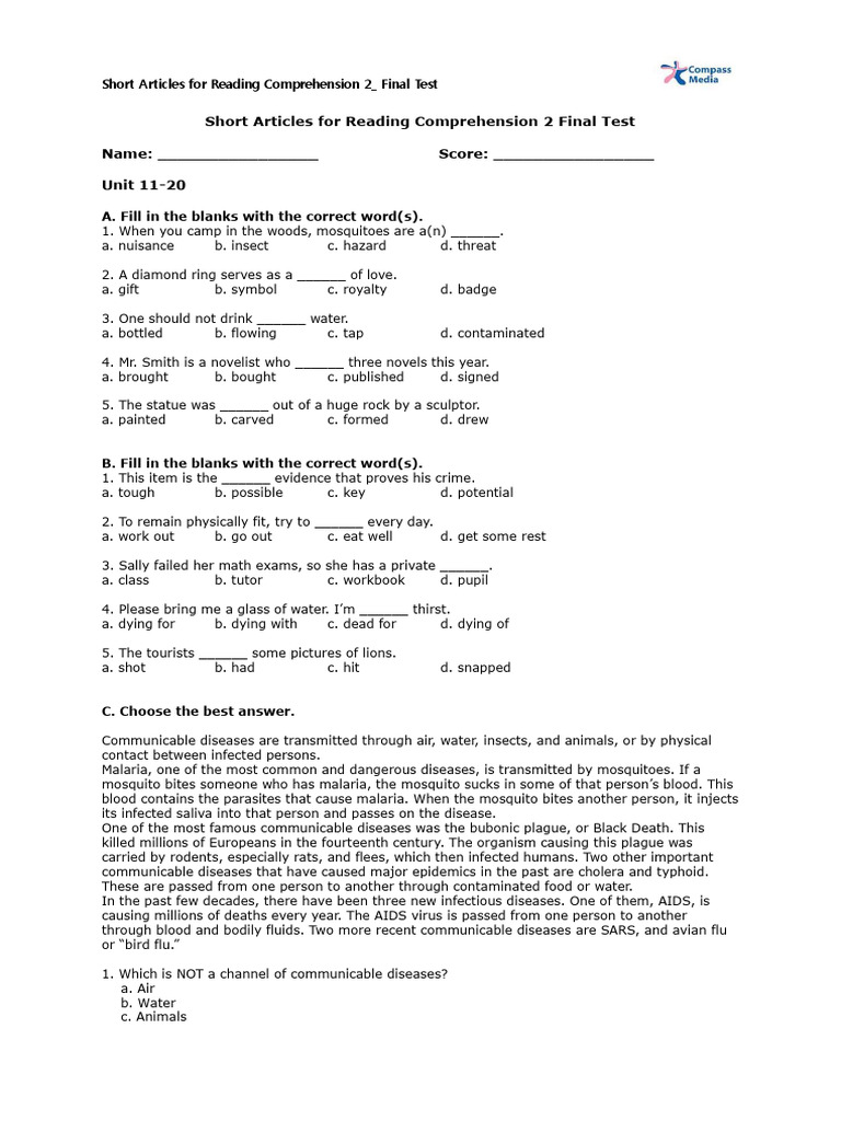 Short Articles For Reading Comprehension 2 Final Test | PDF
