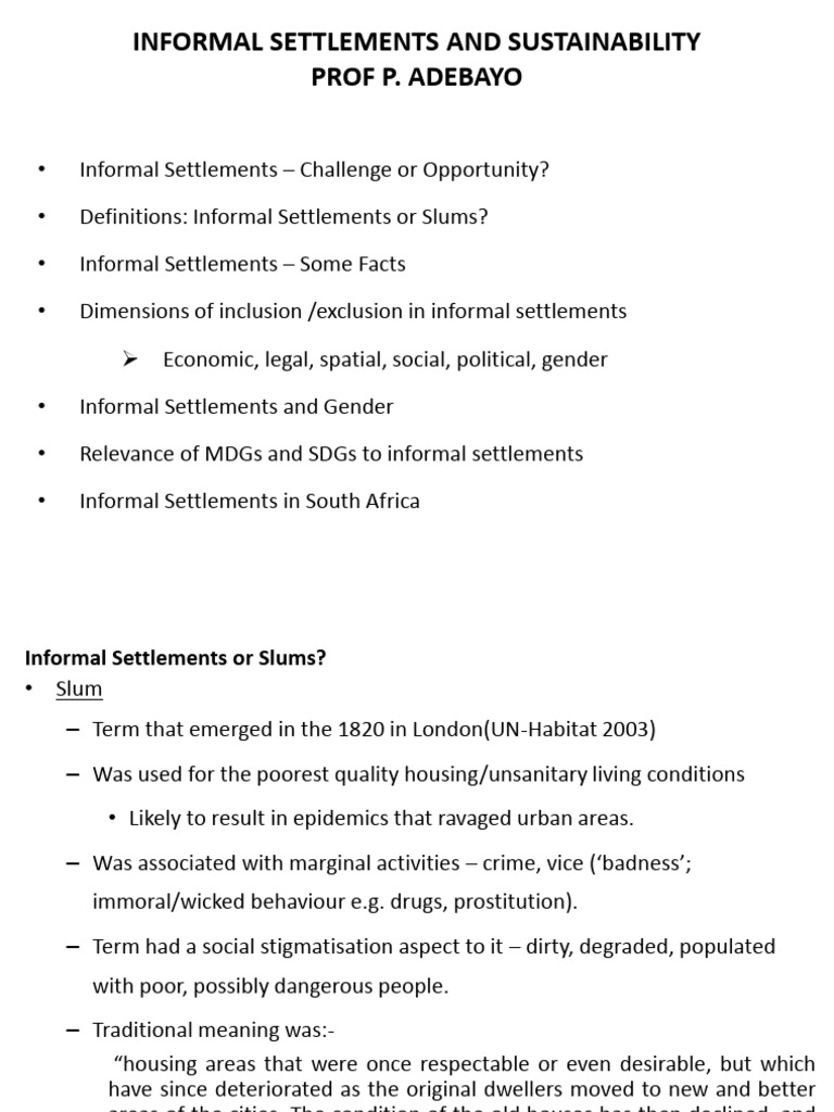 PowerPoint Slides - INFORMAL SETTLEMENTS AND SUSTAINABILITY PDF | PDF