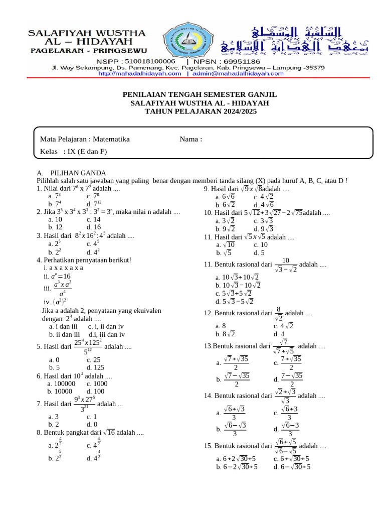 Soal PTS Ganjil MTK Ix SW 2024 | PDF