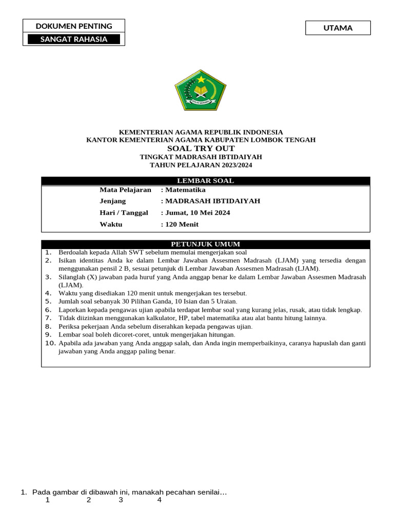 Soal Try Out Matematika MI 2023/2024 | PDF