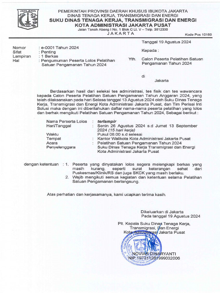 Pengumuman Seleksi Peserta Pelatihan Satpam Tahun 2024 | PDF