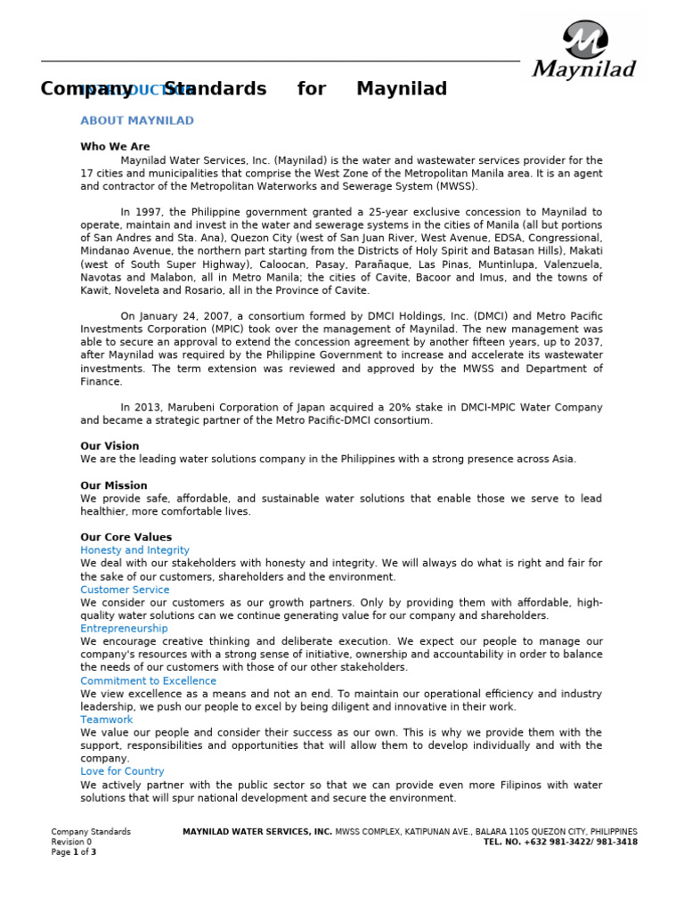 Company Standards For Maynilad Contractors | PDF