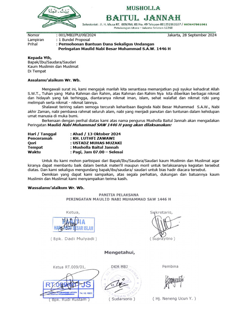 Surat Pengantar Proposal 1446 H Maulid | PDF