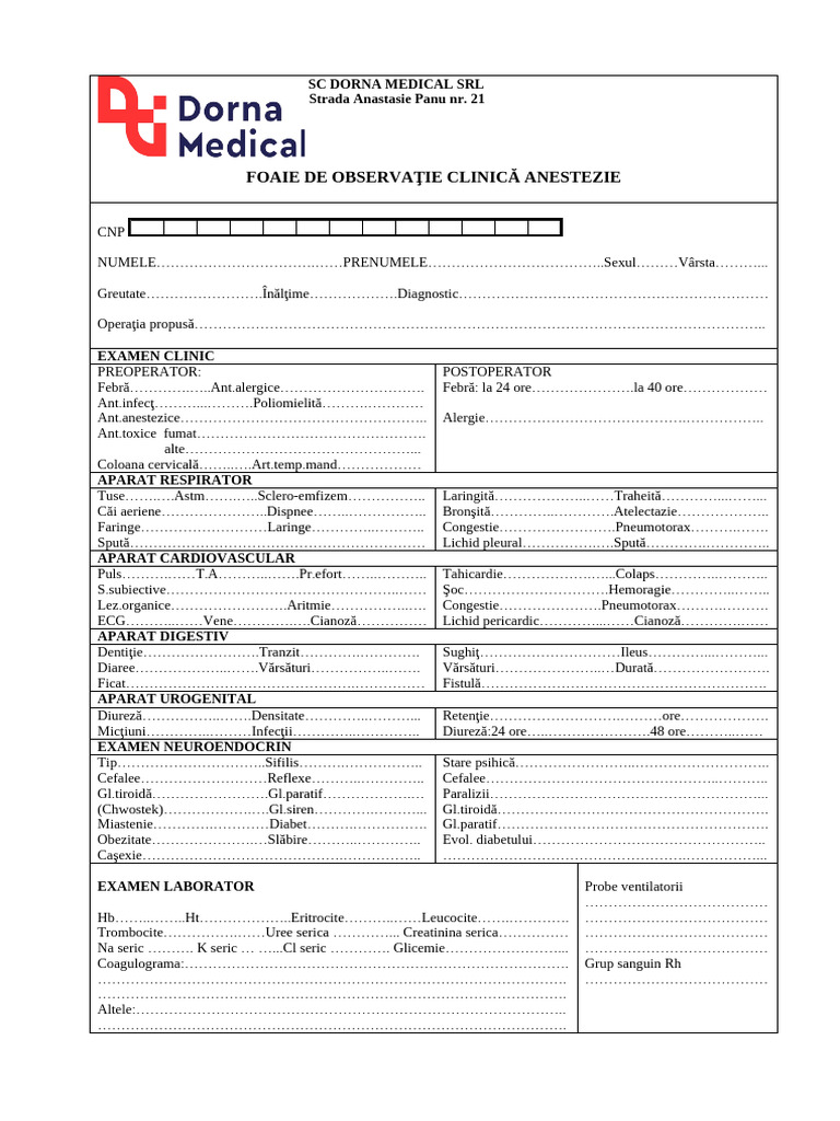 Model 2 - Foaie de Observatie Clinica - Anestezie | PDF
