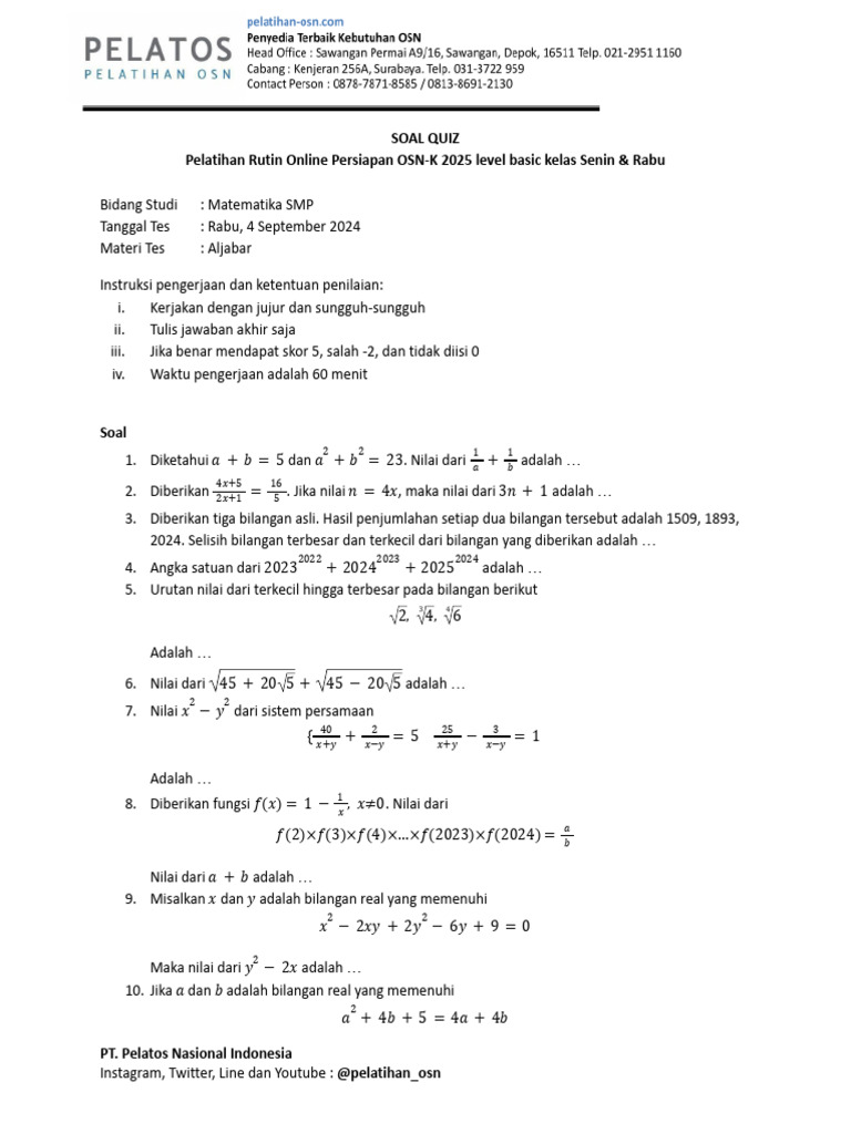 Kuis Matematika SMP 2024: Soal & Instruksi | PDF