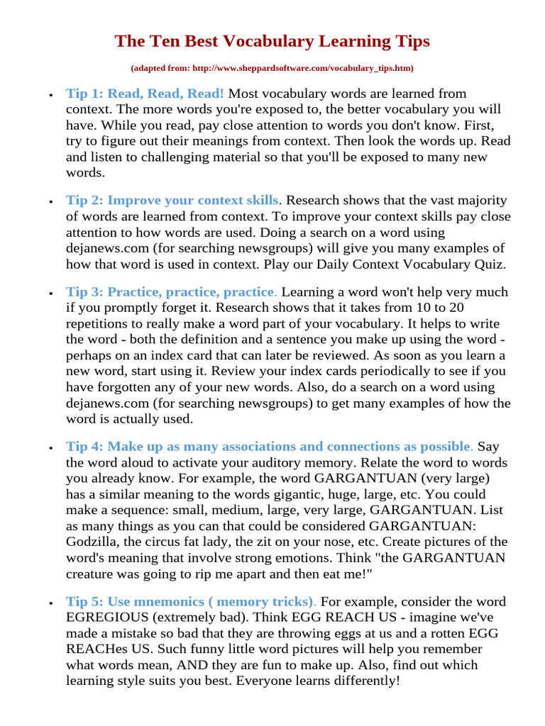 The Ten Best Vocabulary Learning Tips | PDF
