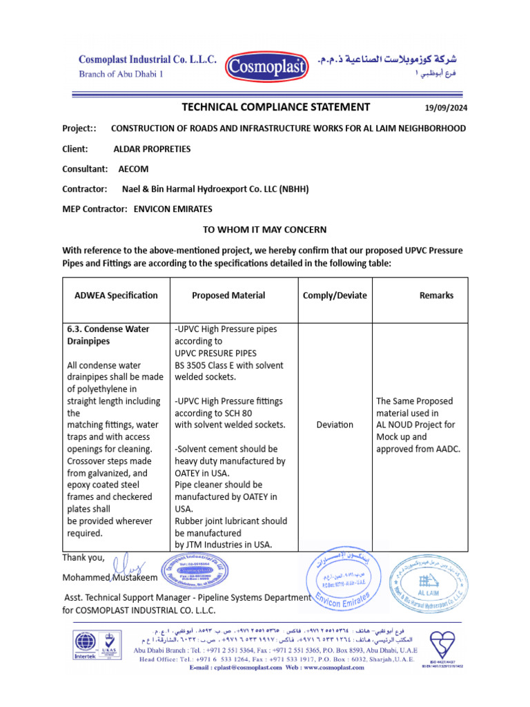 Compliance Statement for uPVC Drainge pipe for AC Unit | PDF