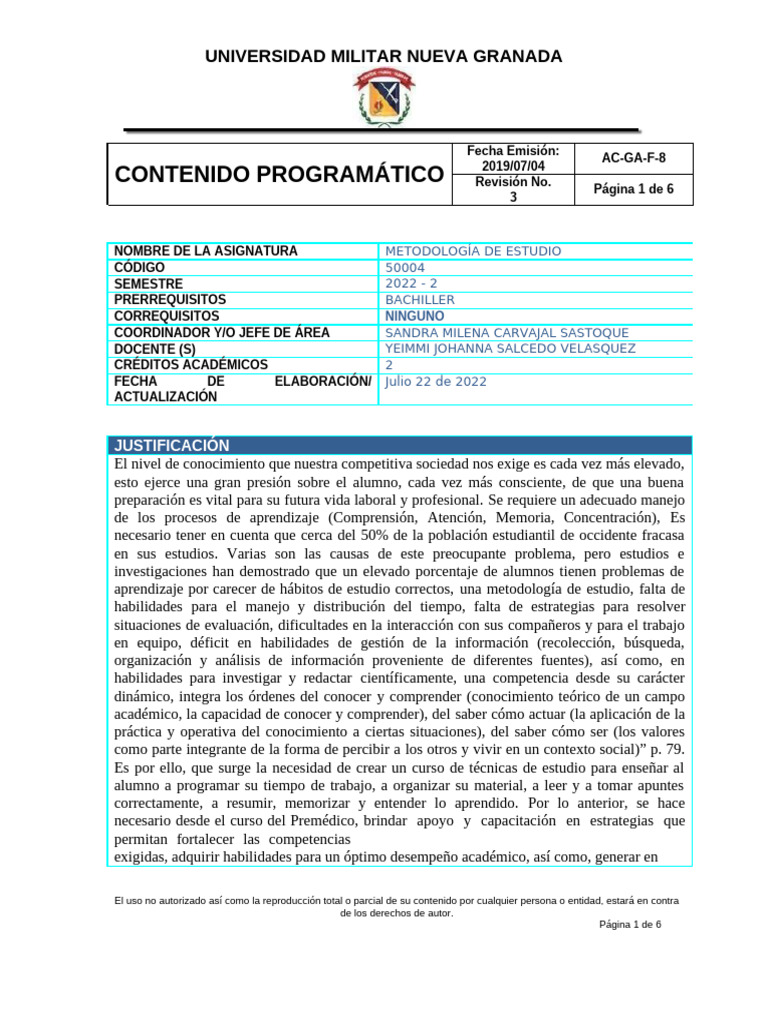 Contenido Programaì Tico 2022-2-2022 | PDF | Aprendizaje | Evaluación