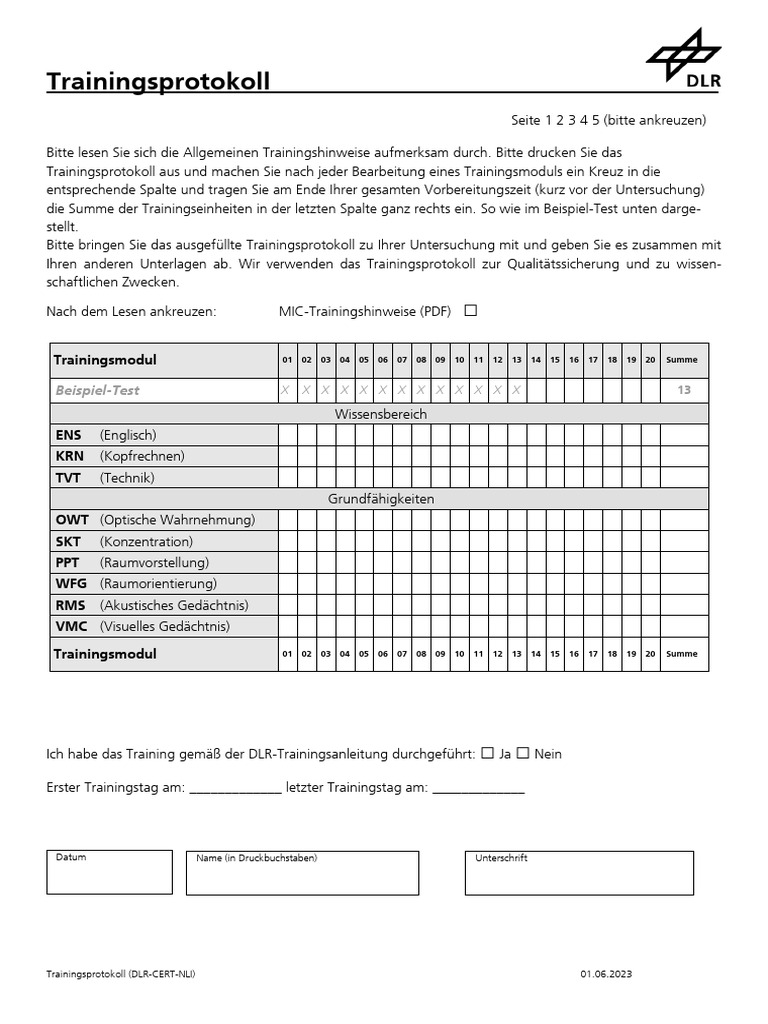 Trainingsprotokoll (DLR CERT NLI) | PDF