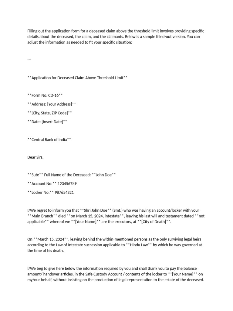 Deceased Claim Settlement Document Sample Filled 4A | PDF