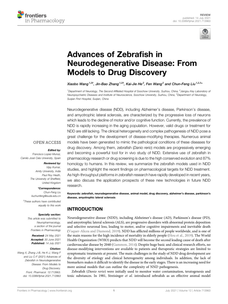 Advances of Zebrafish in Neurodegenerative Disease From Models To Drug ...