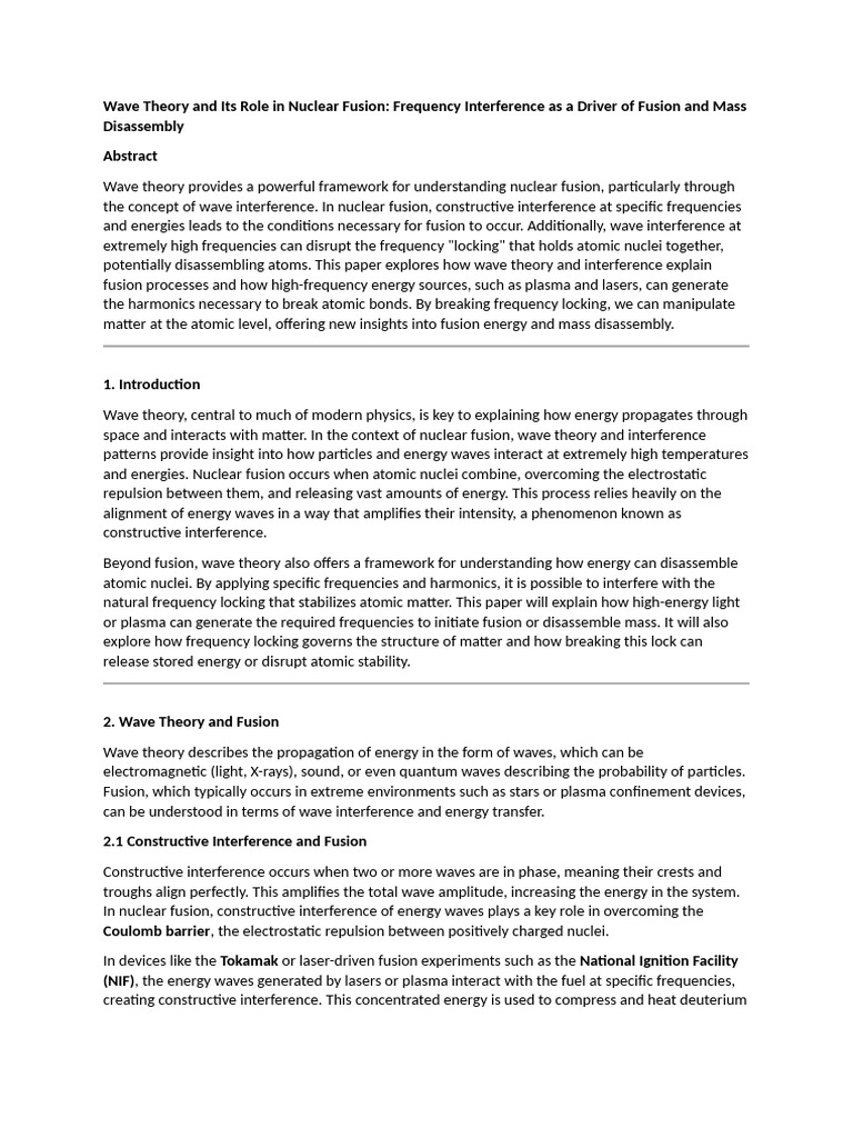 Wave Theory and Its Role in Nuclear Fusion Frequency Interference As A ...