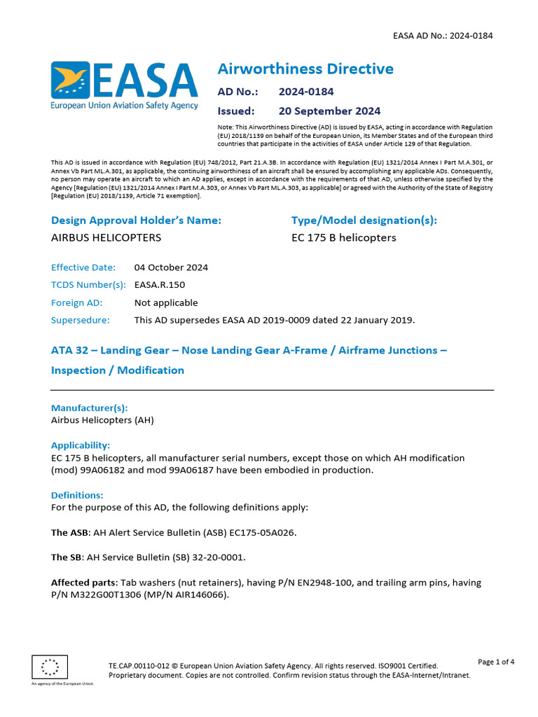 Easa Ad 2024-0184 1 | PDF