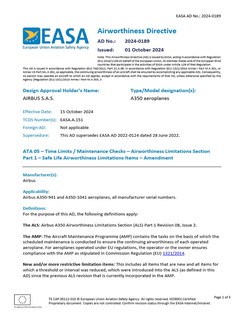 Easa Ad 2024-0189 1 | PDF