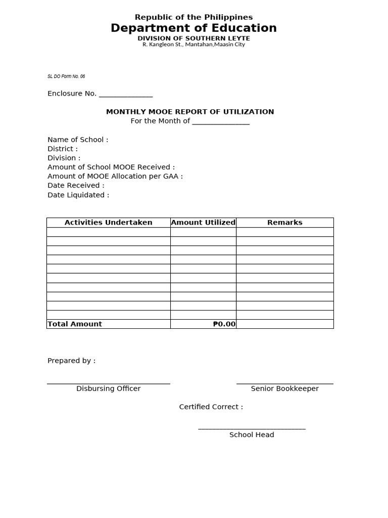 Monthly MOOE Report of Utilization | PDF