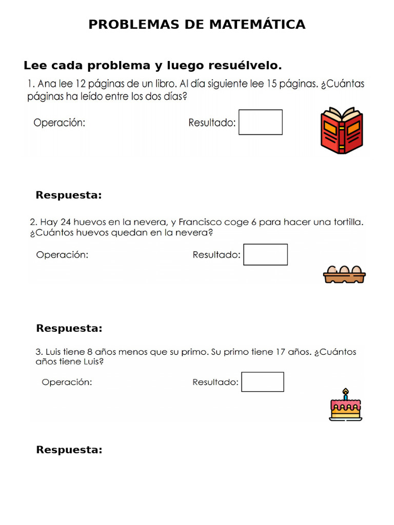 PROBLEMAS DE MATEMÁTICA Sumas y Restas | PDF