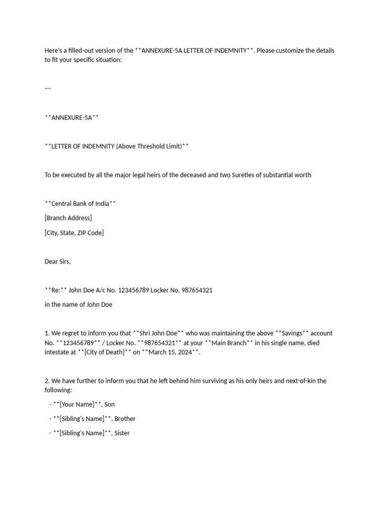 Deceased Claim Settlement Document Sample Filled 5A | PDF | Indemnity | Private Law