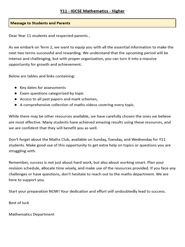 Y11 - IGCSE Mathematics - HIGHER - 2024 | PDF