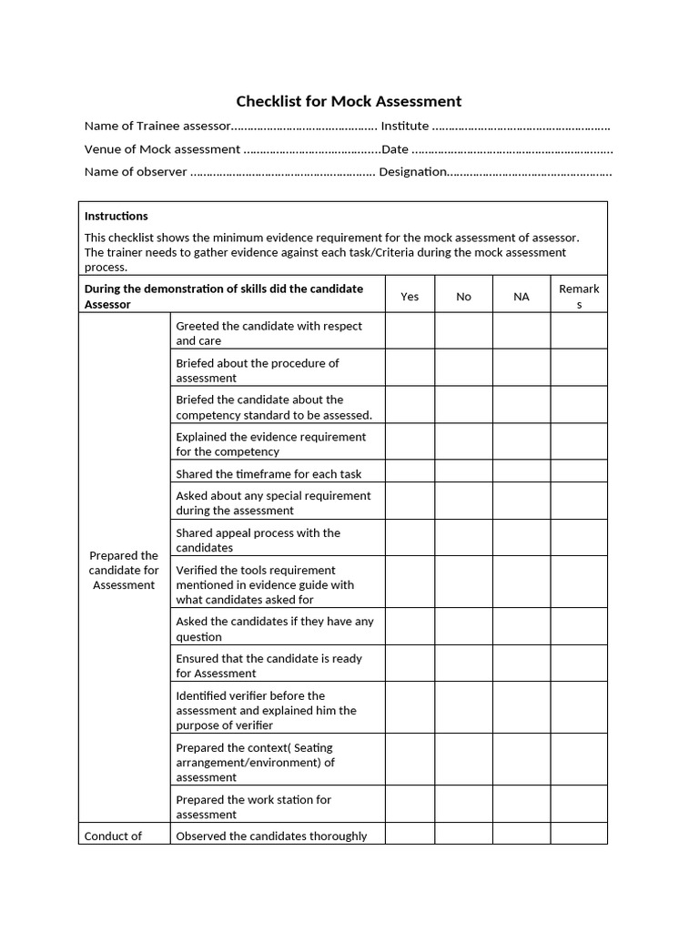 Mock Assessment Checklist for Assessors | PDF | Evidence | Cognition