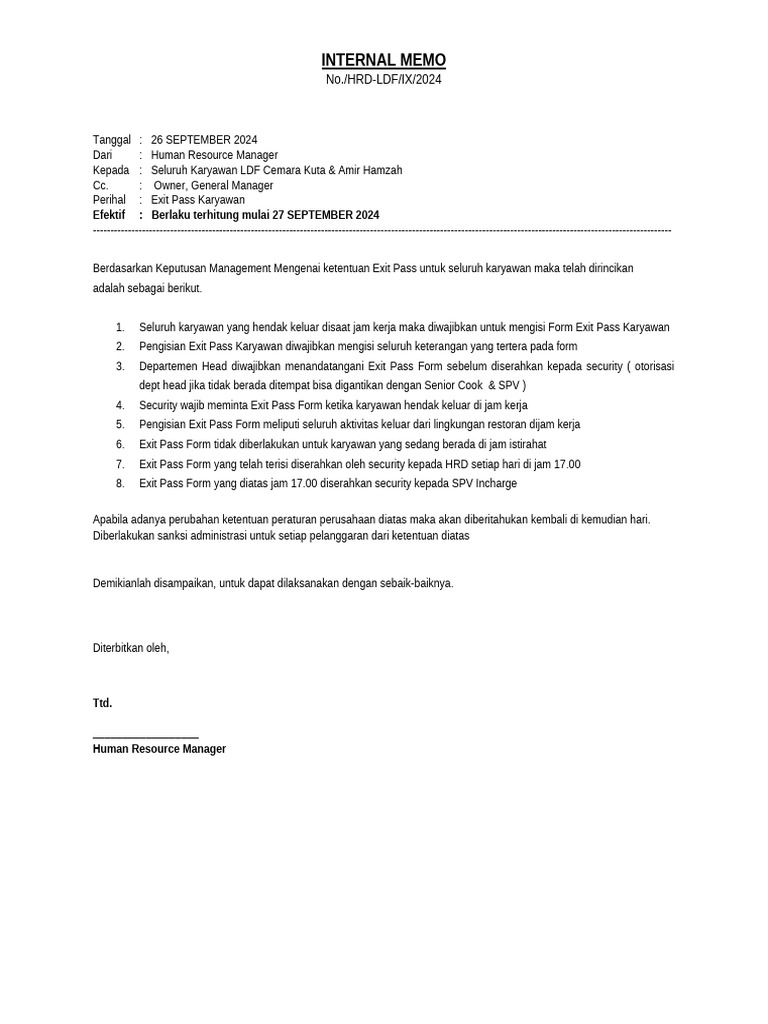 Internal - Memo Exit Pass Karyawan | PDF