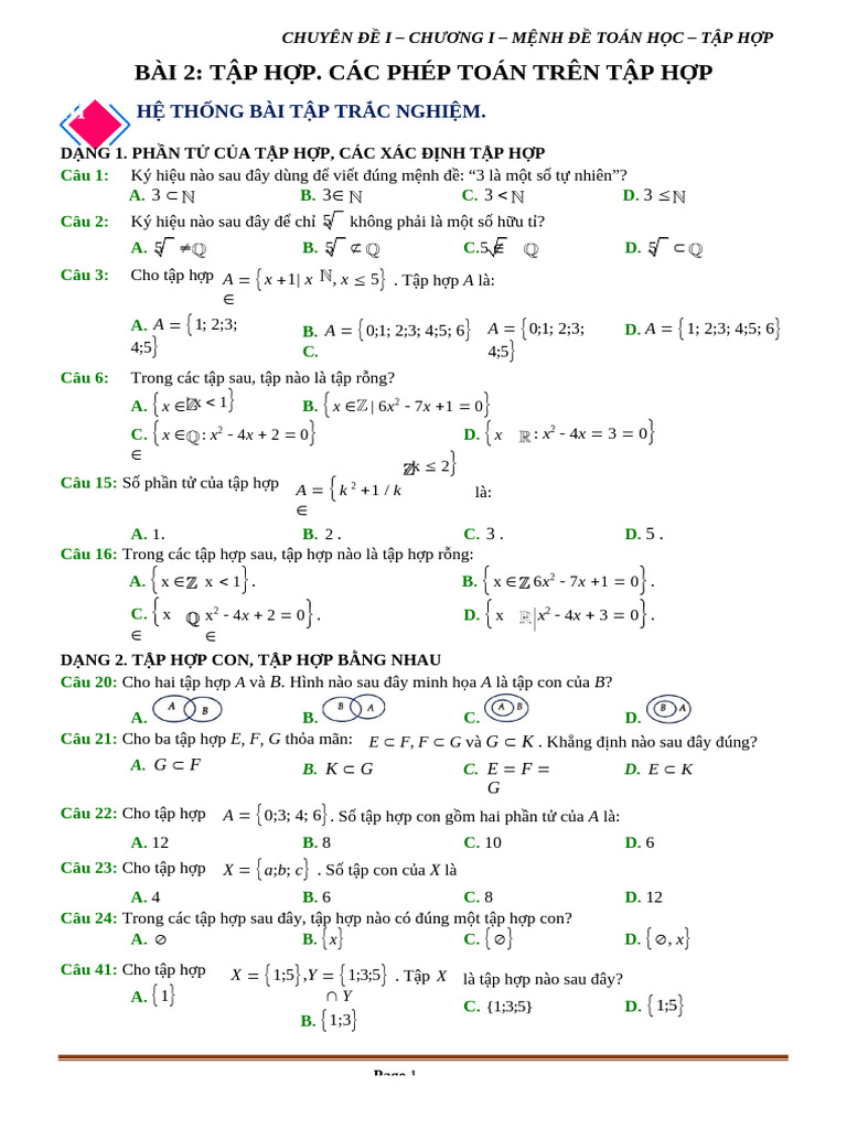 001.02.2 - Toan 10 - B2 - C1 - Tap Hop Cac Phep Toan Tren Tap Hop - Trac Nghiem - de - TR50 | PDF