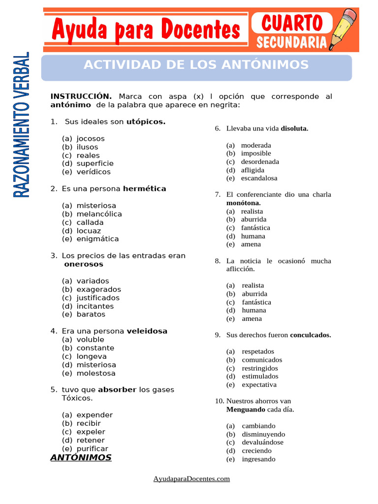 Actividad-de-los-Antonimos-Para-Cuarto-de-Secundaria | PDF
