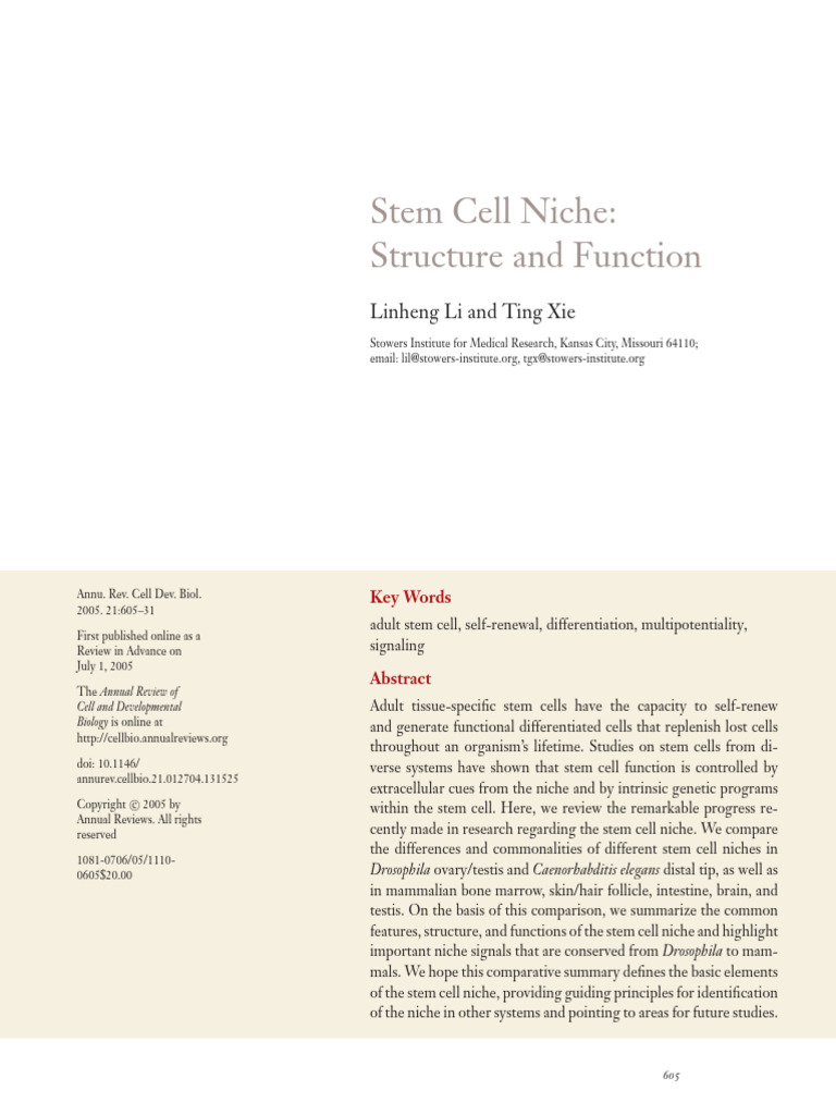 Li L Xie T Stem Cell Niche Structure and Function | PDF