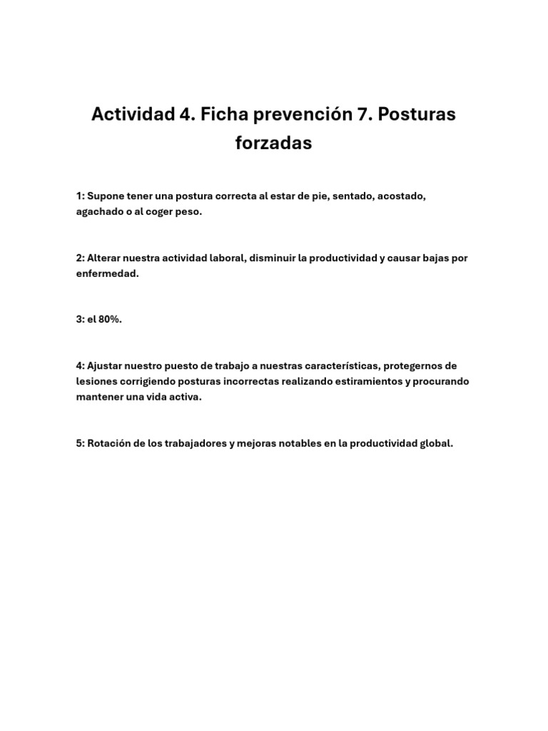 Actividad 4. Ficha Prevención 7. Posturas Forzadas | PDF