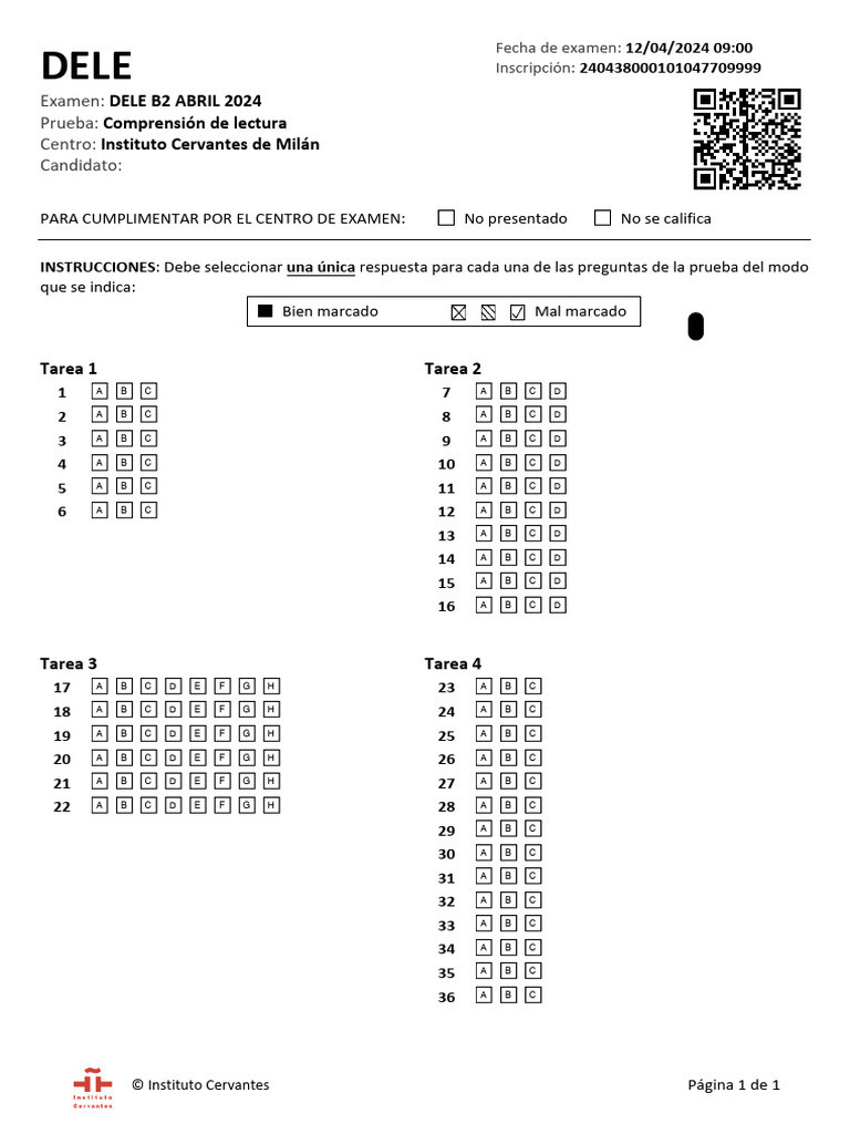 DELE B2 - Modelo de Hoja de Respuesta | PDF
