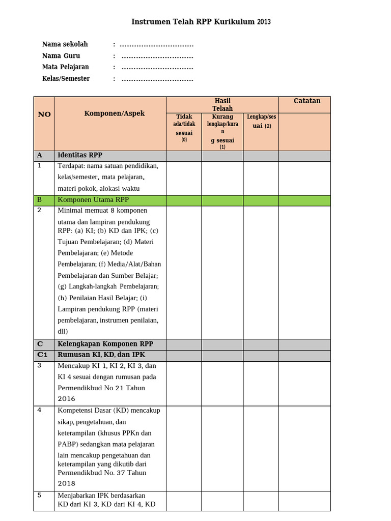 Instrumen Telaah RPP | PDF