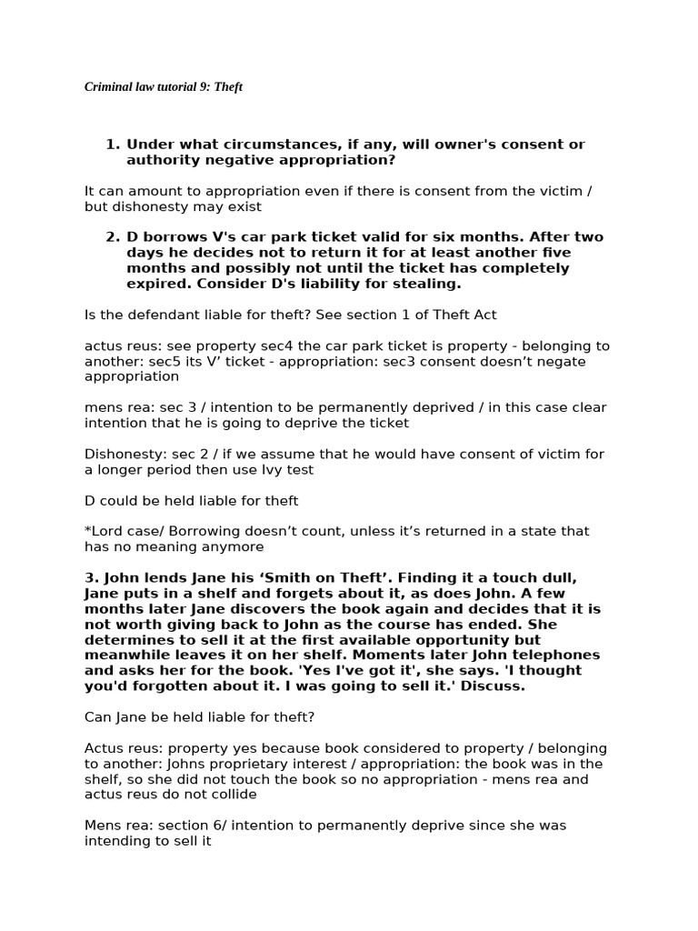 Criminal Law Tutorial 9 | PDF
