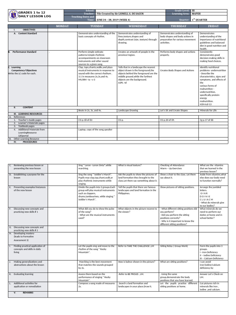 DLL_MAPEH 3_Q1_W4 | PDF