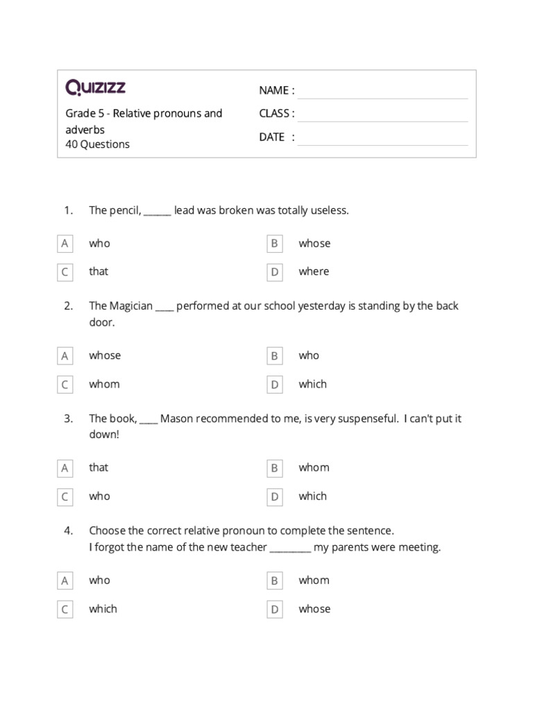 Grade 5 - Relative pronouns and adverbs (1) | PDF