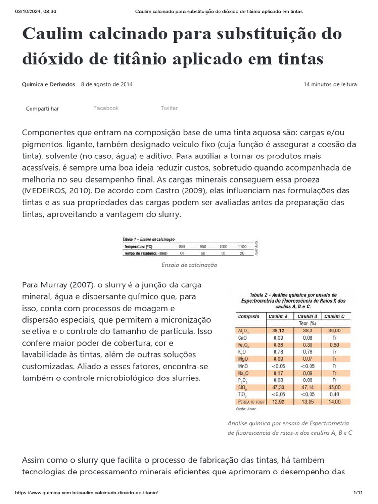 Caulim Calcinado para Substituição Do Dióxido de Titânio Aplicado em ...